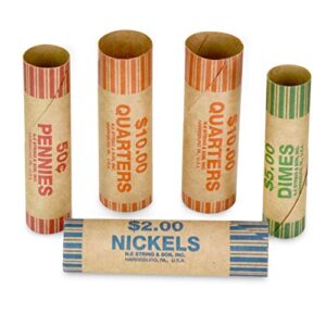 250 coin wrappers – assorted sizes – 100 quarters, 50 pennies, 50 nickels and 50 dimes – made in usa – durable preformed paper tubes