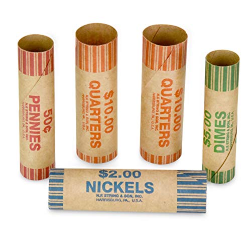 250 Coin Wrappers - Assorted Sizes - 100 Quarters, 50 Pennies, 50 Nickels and 50 Dimes - Made in USA - Durable Preformed Paper Tubes