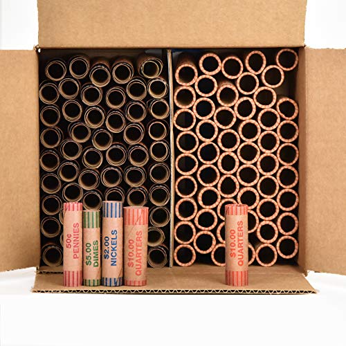 250 Coin Wrappers - Assorted Sizes - 100 Quarters, 50 Pennies, 50 Nickels and 50 Dimes - Made in USA - Durable Preformed Paper Tubes