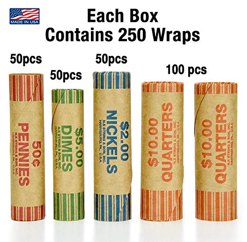 250 Coin Wrappers - Assorted Sizes - 100 Quarters, 50 Pennies, 50 Nickels and 50 Dimes - Made in USA - Durable Preformed Paper Tubes