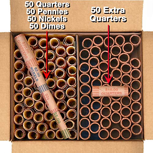 250 Coin Wrappers - Assorted Sizes - 100 Quarters, 50 Pennies, 50 Nickels and 50 Dimes - Made in USA - Durable Preformed Paper Tubes