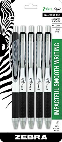 Zebra Pen Z-Grip Flight Retractable Ballpoint Pen, Bold Point, 1.2mm, Black Ink, 5-Count