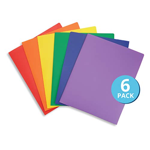 6 Pack Multicolor Plastic Two Pocket Folders, Plastic Folders with 2 Pockets and Business Card Slot, 2 Pocket Plastic Folders for School, Home, and Work, 6 Pack Plastic Folders