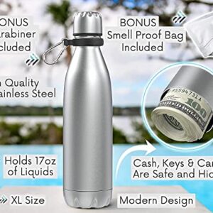 Diversion Safe Water Bottle Can Hidden Bottom for Valuables 17ounce Liquid Capacity and Dry Storage Compartment Stainless Steel Vacuum Insulated Leak Proof Smell Proof Bag Included (Light Blue)