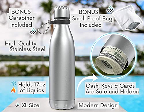 Diversion Safe Water Bottle Can Hidden Bottom for Valuables 17ounce Liquid Capacity and Dry Storage Compartment Stainless Steel Vacuum Insulated Leak Proof Smell Proof Bag Included (Light Blue)