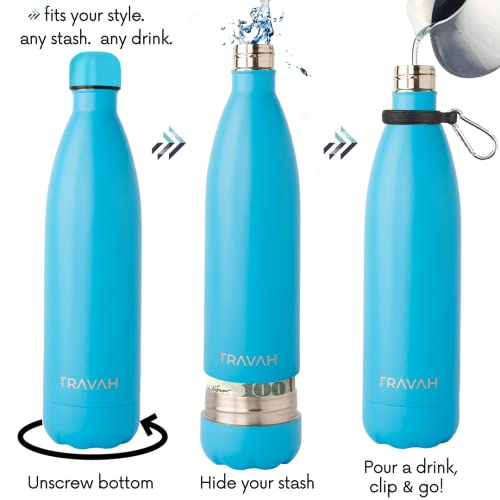 Diversion Safe Water Bottle Can Hidden Bottom for Valuables 17ounce Liquid Capacity and Dry Storage Compartment Stainless Steel Vacuum Insulated Leak Proof Smell Proof Bag Included (Light Blue)