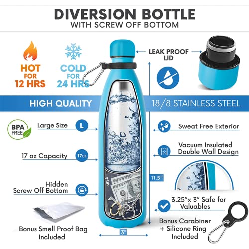 Diversion Safe Water Bottle Can Hidden Bottom for Valuables 17ounce Liquid Capacity and Dry Storage Compartment Stainless Steel Vacuum Insulated Leak Proof Smell Proof Bag Included (Light Blue)