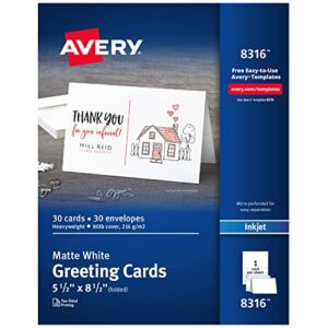 Avery Half-Fold Greeting Cards, Inkjet, 5.5 x 8.5, Matte White, Box of 30, Envelopes Included (8316)