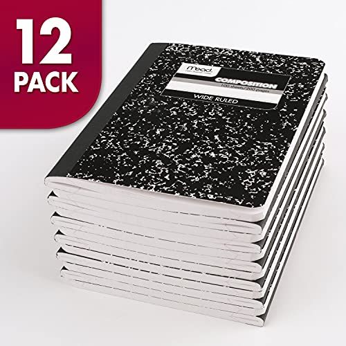 Mead Composition Notebook, 12 Pack, Wide Ruled Paper, 9-3/4" x 7-1/2", 100 Sheets per Notebook, Black Marble, Pack of 12