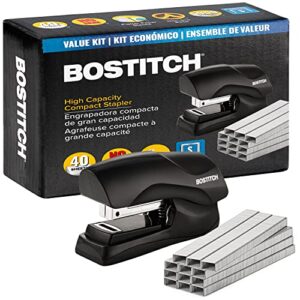 bostitch stapler with staples value pack set, heavy duty stand up stapler, black, 40 sheet capacity with 5000 staples, small stapler size, fits into the palm of your hand (b175-blk -vp)