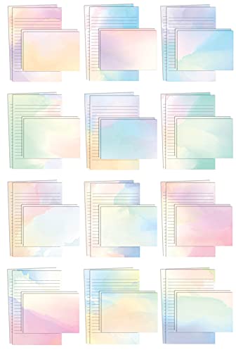 Mini Stationery Set, 100 Piece Set (50 Lined Watercolor Sheets + 50 Matching Envelopes), 5.5 x 8.25 inch, 12 Unique Designs, Double Sided Printing, One Side Lined Paper, by Better Office Products