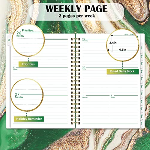 Planner 2023-2024 - 2023-2024 Academic Planner with Tabs, July 2023 - June 2024, 6.3" x 8.4", Academic Weekly and Monthly Planner 2023-2024 with Back Pocket + Thick Paper + Twin-Wire Binding - Green Gliding