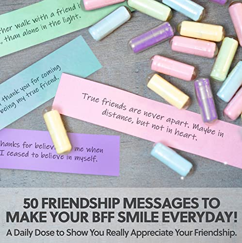 messagepillco Messages in a Bottle Friendship Gift for Your Bestfriend (50PCS) Pre-Written Capsule Letters in Plastic Jar BFF Gifts Perfect for Unique Birthday Gifts, Sister and Valentine’s Day