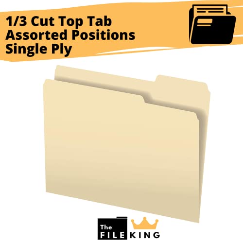 The File King 1/3-Cut Top Tab Manila File Folder - Letter Size | Box of 100 | Made in America | Assorted Tab Positions | 11-Point Fiber | Organize Home & Office Papers