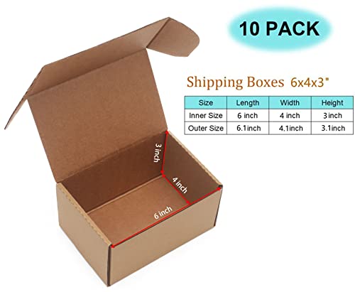 10 Pack Small Shipping Boxes 6x4x3'' Corrugated Small Cardboard Boxes for Shipping, Recyclable Packaging Boxes for Small Business, Mailer, Gift Packing, Crafts Packing, Jewelry Box Shipping, Brown