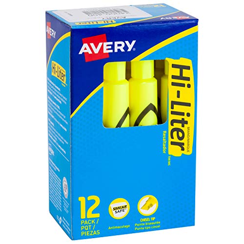 Avery Hi-Liter Desk-Style Highlighters, Smear Safe Ink, Chisel Tip, 12 Fluorescent Yellow Highlighters (24000)