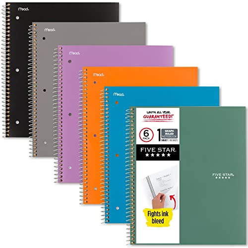 Five Star Spiral Notebooks, 6 Pack, 1-Subject, Graph Ruled Paper, 11" x 8-1/2", 100 Sheets, Assorted Colors Will Vary (73549), 6 Count (pack of 1)