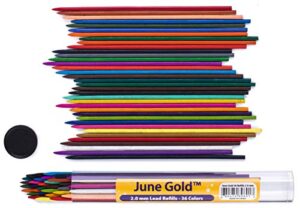 june gold 36 assorted colored 2.0 mm lead refills, bold & 90 mm length, 36 unique colors, pre-sharpened, break & smudge resistant