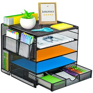 lemonsea desk organizers, 5-tier paper organizer letter tray with file holder, mesh desktop file organizer with pen holder and drawer, school office supplies organization, black