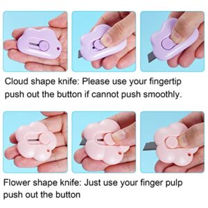 Fengek 18 Pcs Mini Retractable Utility Knife Cloud Flower Pocket Box Cutters Plastic Letter Opener Slide Open with Keychain Hole for Box Letter Envelope, 2 Shapes 9 Colors