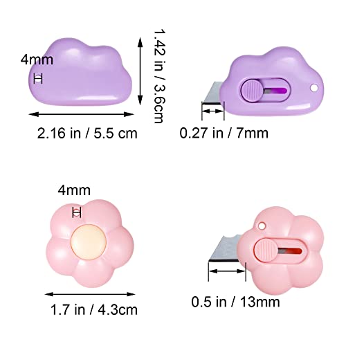 Fengek 18 Pcs Mini Retractable Utility Knife Cloud Flower Pocket Box Cutters Plastic Letter Opener Slide Open with Keychain Hole for Box Letter Envelope, 2 Shapes 9 Colors