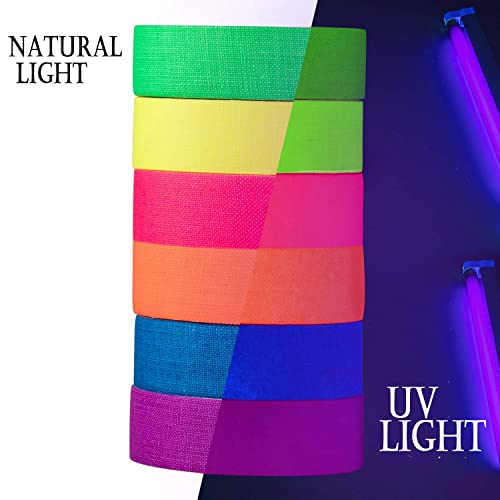 JSITON 6 Colors Neon Gaffer Cloth Tape,Adhesive Black Light Tape Sets,Fluorescent UV Blacklight Glow in The Dark Tape for UV Party (0.6 inch x 16.5 feet x 6 Rolls)