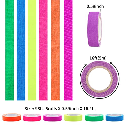 JSITON 6 Colors Neon Gaffer Cloth Tape,Adhesive Black Light Tape Sets,Fluorescent UV Blacklight Glow in The Dark Tape for UV Party (0.6 inch x 16.5 feet x 6 Rolls)