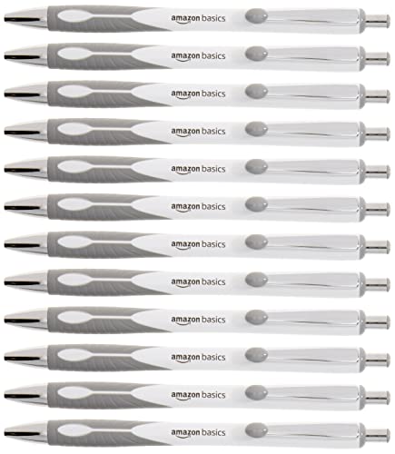 Amazon Basics Retractable Ballpoint Pens White Barrel, Medium Point 1.0mm, Black Ink, 12 Pack