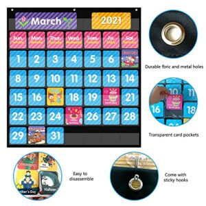 REGELETO Black Calendar Pocket Chart for Classroom with 85 Cards and 3 Hooks, Monthly Calendar and Weather Pocket Chart for Kids Learning for Home or Kindergarten (25” X 24”)