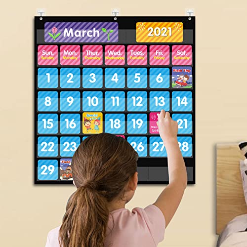 REGELETO Black Calendar Pocket Chart for Classroom with 85 Cards and 3 Hooks, Monthly Calendar and Weather Pocket Chart for Kids Learning for Home or Kindergarten (25” X 24”)