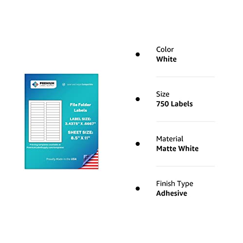 Premium Label Supply White File Folder Labels – 3.4375" x .667" – Laser/Inkjet Compatible – (30 Labels/Sheet) 25 Sheets – 750 Total Adhesive Labels