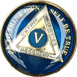 5 Year Midnight Blue AA Alcoholics Anonymous Medallion Chip Tri Plate Gold & Nickel Plated Serenity Prayer