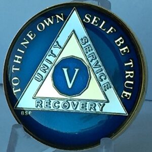 5 Year Midnight Blue AA Alcoholics Anonymous Medallion Chip Tri Plate Gold & Nickel Plated Serenity Prayer