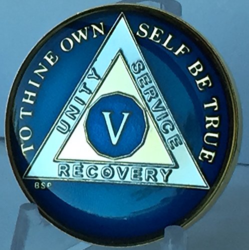 5 Year Midnight Blue AA Alcoholics Anonymous Medallion Chip Tri Plate Gold & Nickel Plated Serenity Prayer