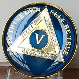 5 Year Midnight Blue AA Alcoholics Anonymous Medallion Chip Tri Plate Gold & Nickel Plated Serenity Prayer