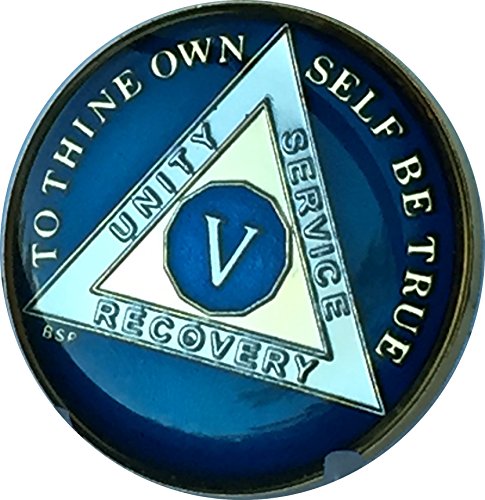 5 Year Midnight Blue AA Alcoholics Anonymous Medallion Chip Tri Plate Gold & Nickel Plated Serenity Prayer