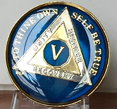 5 Year Midnight Blue AA Alcoholics Anonymous Medallion Chip Tri Plate Gold & Nickel Plated Serenity Prayer