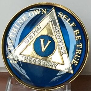 5 Year Midnight Blue AA Alcoholics Anonymous Medallion Chip Tri Plate Gold & Nickel Plated Serenity Prayer