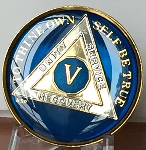 5 Year Midnight Blue AA Alcoholics Anonymous Medallion Chip Tri Plate Gold & Nickel Plated Serenity Prayer