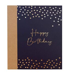 birthday card – single happy birthday greeting card with gold foil stars and lettering on textured dark blue paper with kraft envelope – 5″ x 7″ – blank inside