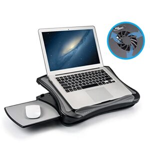 max smart laptop lap pad laptop stand with attached mouse pad, cushion and usb cooling fan, non-slip heat shield tablet computer stand for sturdy work station for home, office, bed sofa, couch and car