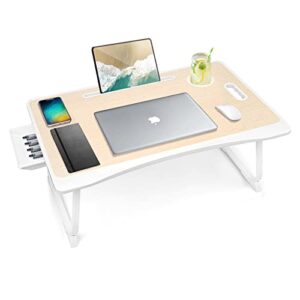 amaredom laptop bed desk tray bed table, foldable portable lap desk with storage drawer and cup holder for eating breakfast on bed/couch/sofa-white oak