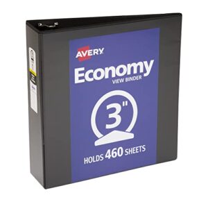 avery economy view 3 ring binder, 3″ round rings, 1 black binder (05891)