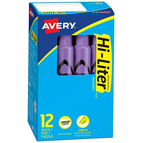 Avery Hi-Liter Desk-Style Highlighters, Smear Safe Ink, Chisel Tip, 12 Fluorescent Purple Highlighters (24060)