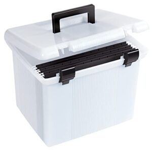 pendaflex portable file box, frosted white, hinged lid with double latch closure, 3 black letter size hanging folders included (41745amz)