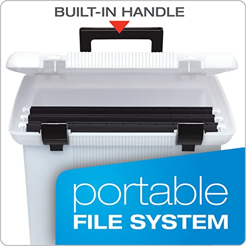 Pendaflex Portable File Box, Frosted White, Hinged Lid with Double Latch Closure, 3 Black Letter Size Hanging Folders Included (41745AMZ)