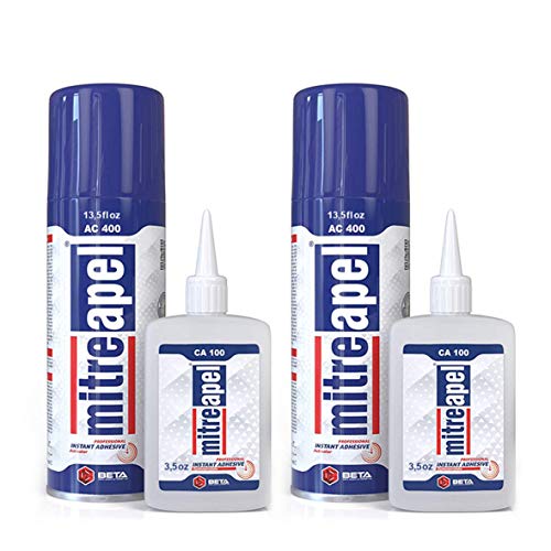 MITREAPEL Ca Glue with Activator (2 x 3.5 oz - 2 x 13.5 fl oz), Ca Glue for Woodworking, Cyanoacrylate Glue and Activator for Wood, Plastic, Metal, Leather, Ceramic and Craft - Instant Bond - 2 Pack