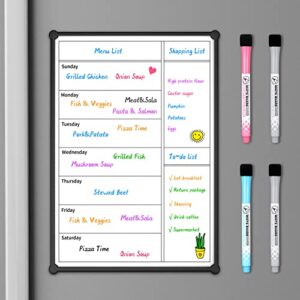 magnetic weekly calendar for fridge,12×8” magnetic fridge calendar refrigerator calendar, weekly meal planner magnetic, doubleside, grocery list, kitchen menu planner board for fridge/locker, 4 marker