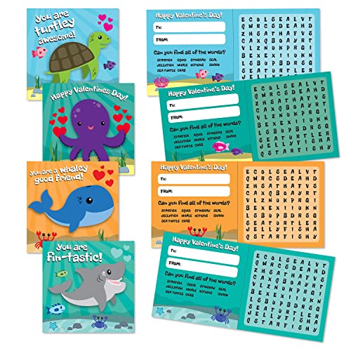 28-Pack Sea Life Valentines Day Cards with Envelopes I Word Search Game Valentines Day Cards for Kids School I Valentines Day Gifts for Kids Party Favor I Exchange Valentines Cards for Kids Classroom