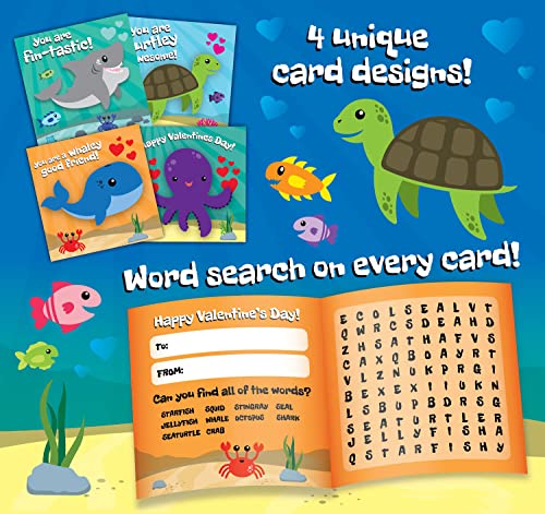 28-Pack Sea Life Valentines Day Cards with Envelopes I Word Search Game Valentines Day Cards for Kids School I Valentines Day Gifts for Kids Party Favor I Exchange Valentines Cards for Kids Classroom